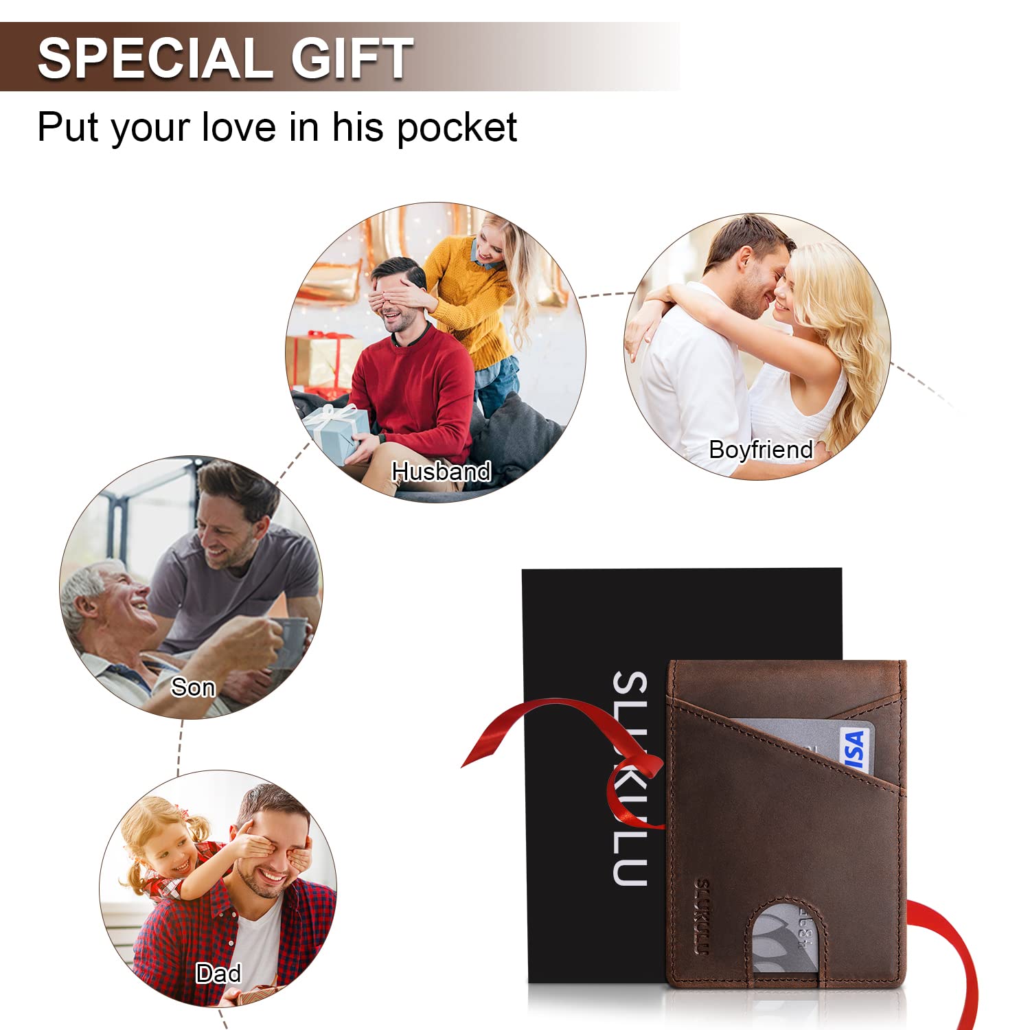 SLUKULU Leather Wallets for Men with Money Clip, Minimalist Bifold Wallet with 10 Card Slots and 1 ID Window ,RDIF Blocking Slim Wallet with Gift Box.