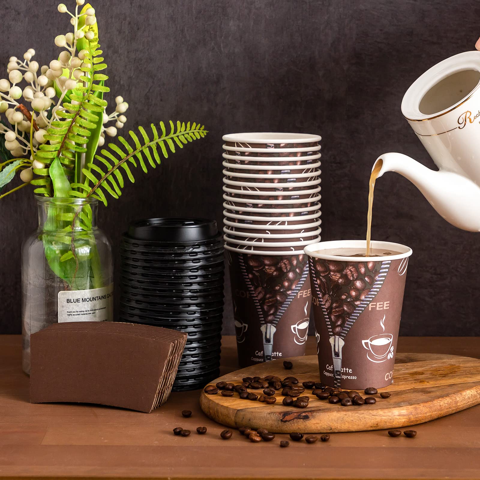 Lamosi 12 oz Coffee Cups with Lids,Sleeves -100 Pack Disposable Coffee Cups To Go Insulation Coffee Cups for Shops, Cafes, and Hot/Cold Drink(Dark Brown)