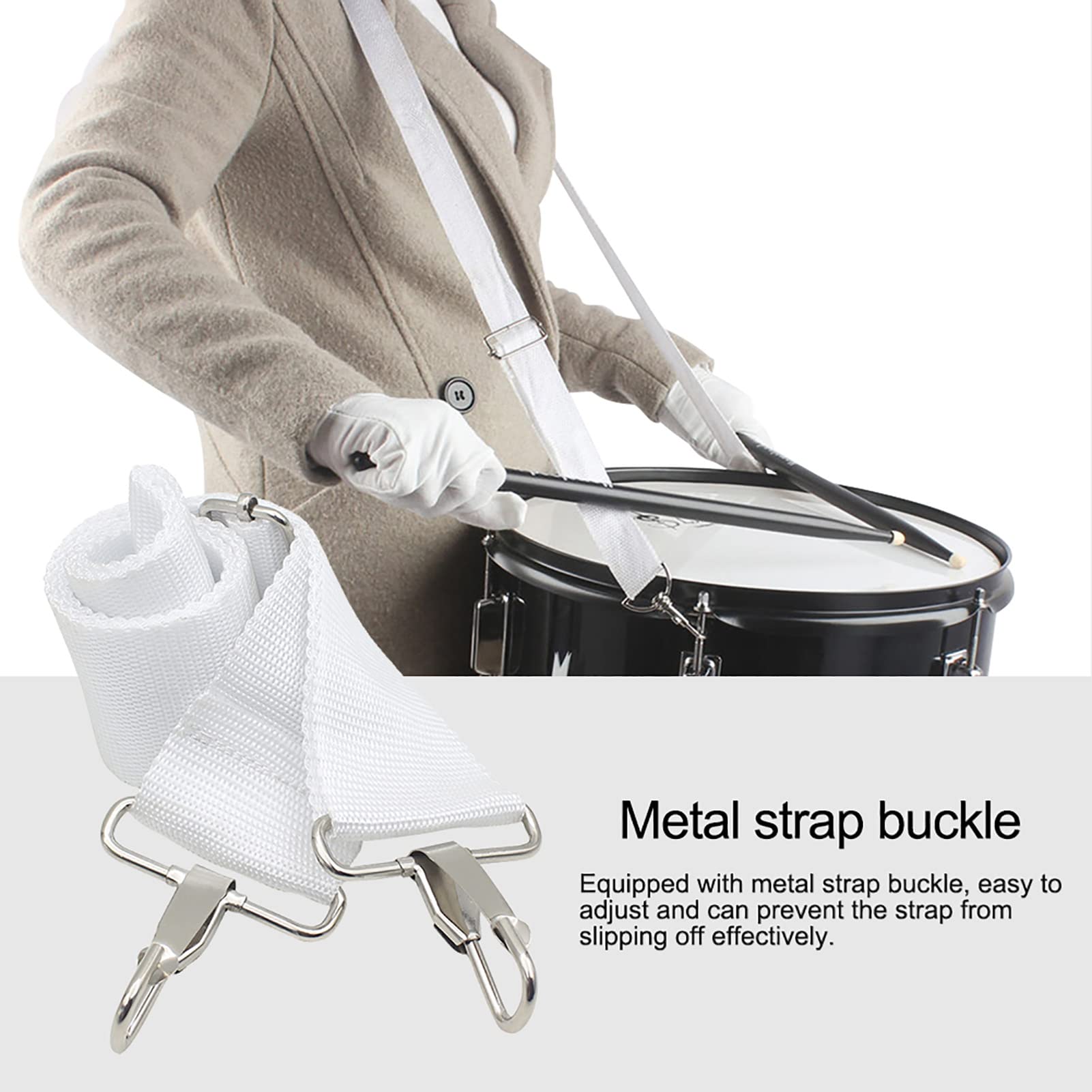 Joleully bass drum straps marching band,Snare Drum Strap,Adjustable Drum Shoulder Sling Strap Belt Musical Percussion Instrument Parts White