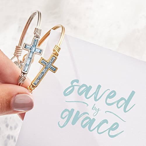 Luca + Danni Baguette Cross Bangle Bracelet in Aquamarine For Women - Silver Tone Regular Size Made in USA
