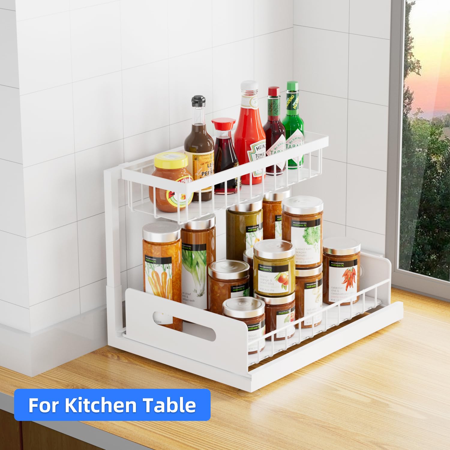 Lxmons 2-Tier Under Sink Slide Out Organizer, Pull Out Cabinet Storage Shelf with Sliding Storage Wire Basket Drawer for Bathroom Kitchen, Countertop or Pantry Storage shelf, White