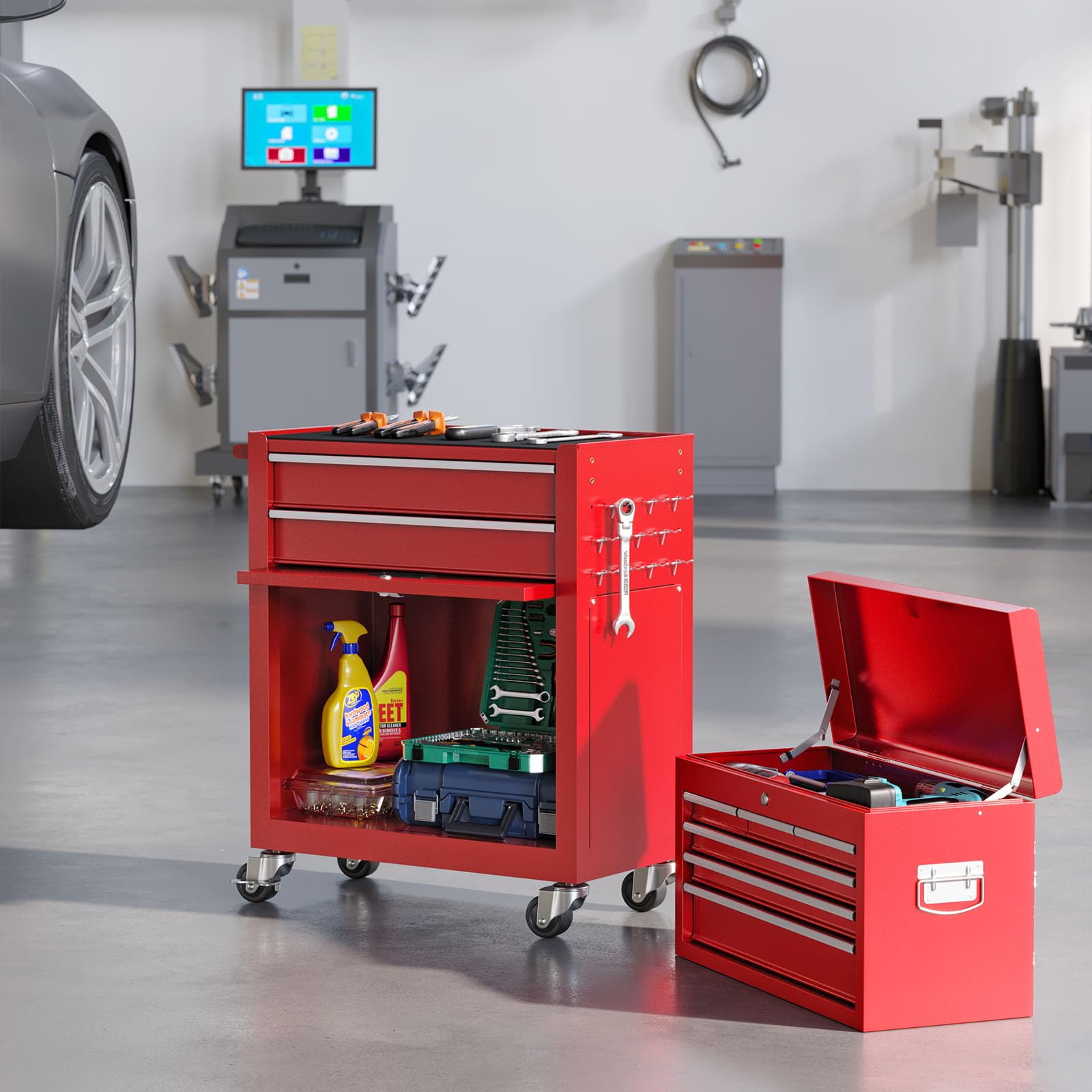 K KELBEL 8 Drawer Rolling Tool Chest Tool Box with Wheels, 2-in-1 Detachable Tool Cabinet with Sliding Drawers & Brake & Locking System for Garage, Warehouse(Red)