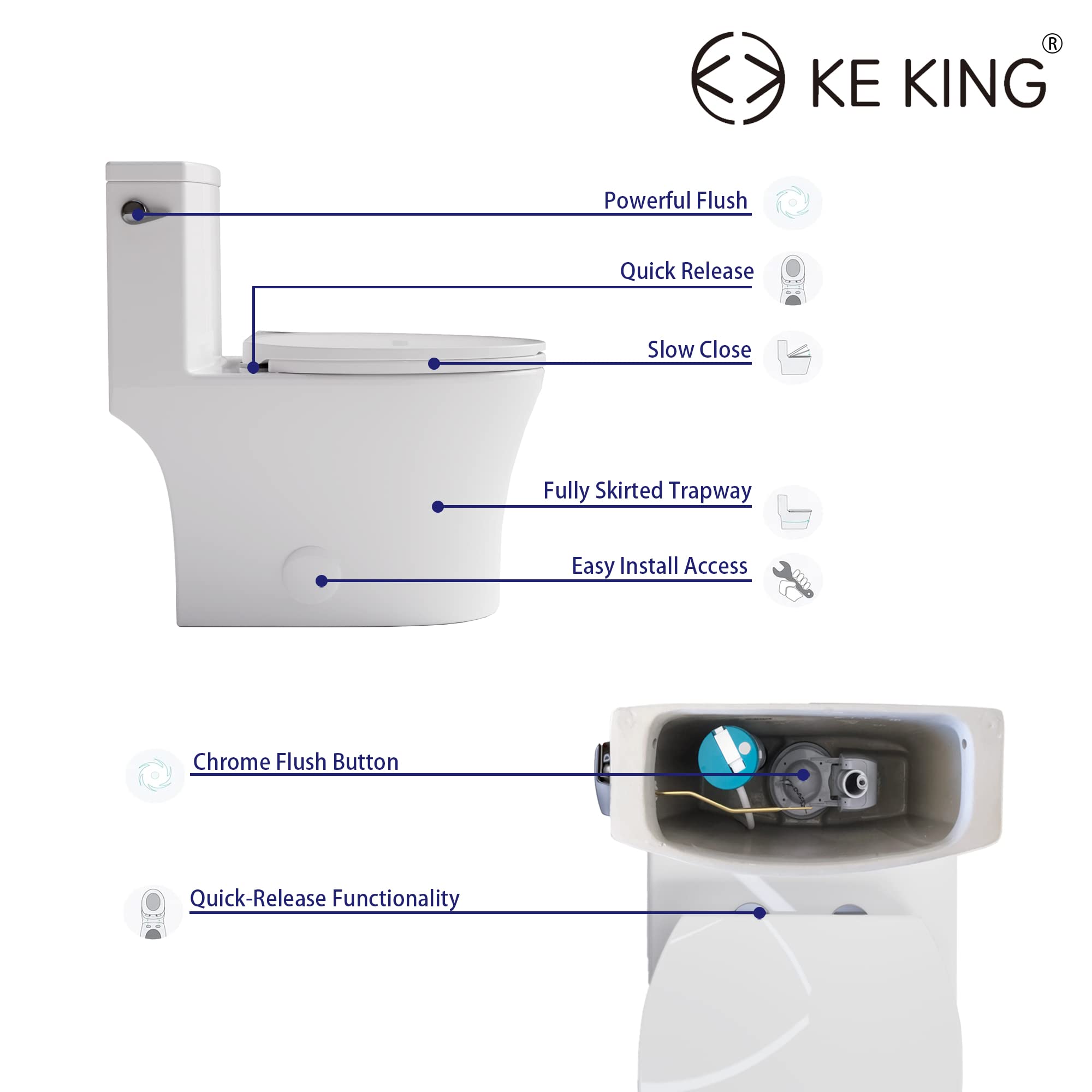KE KING 1.28 Gpf Elongated One Piece Toilet, Powerful & Quiet Flush Modern Toilet(Side Flush) 12'' Rough-In Toilet & ADA Height