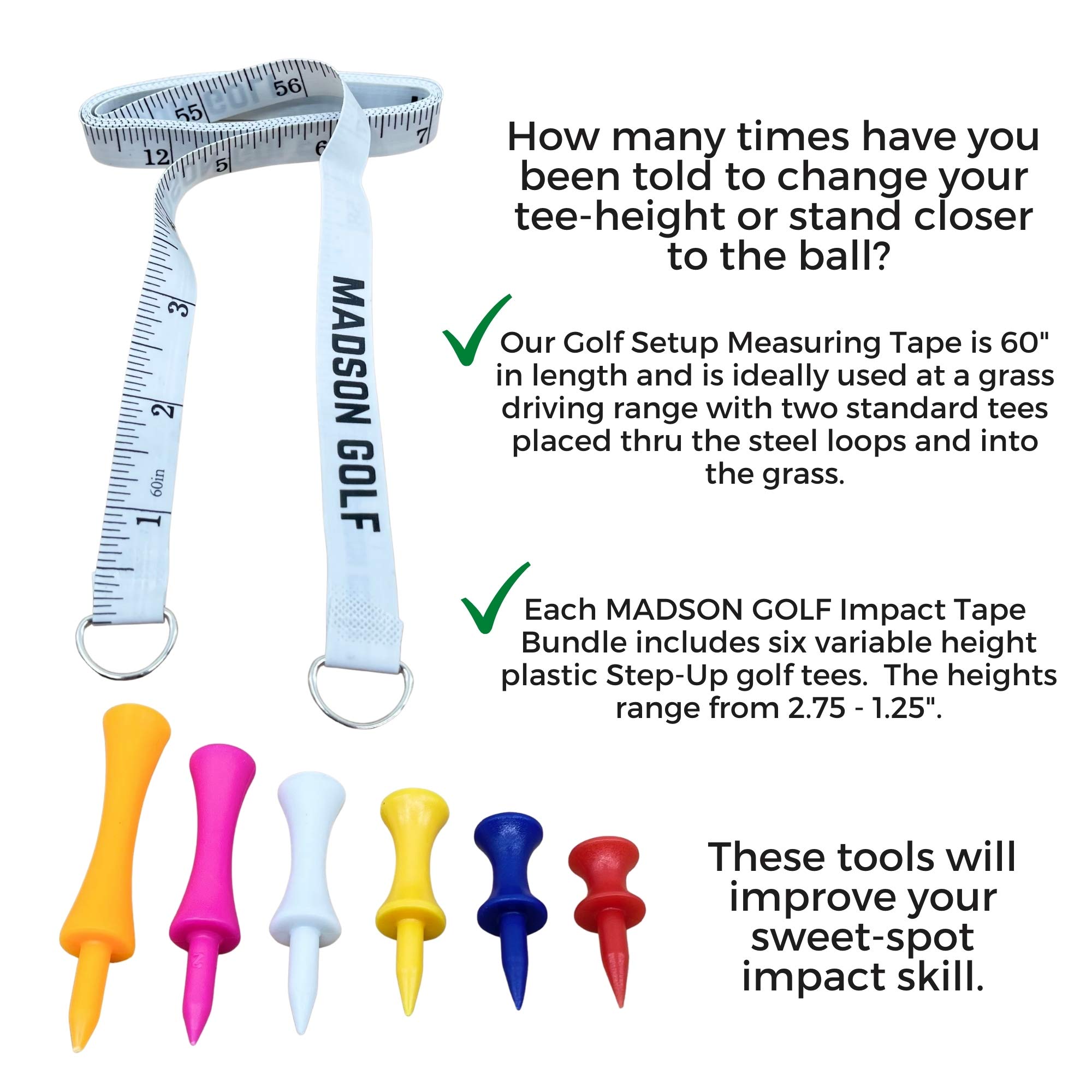 Madson Golf Club Impact Tape Labels, Swing Trainer Bundle with Training Aids Face Stickers, Variable Height Tees, Setup Measuring Tape and Practice Journal (Right-Hand Golfer)