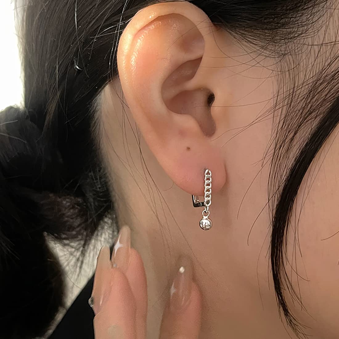 SLUYNZ 925 Sterling Silver U Hoop Earrings for Women Square Hoop Earrings Minimalist Chain Earrings Small Ball Dangly Hoop Earrings (A-Silver)