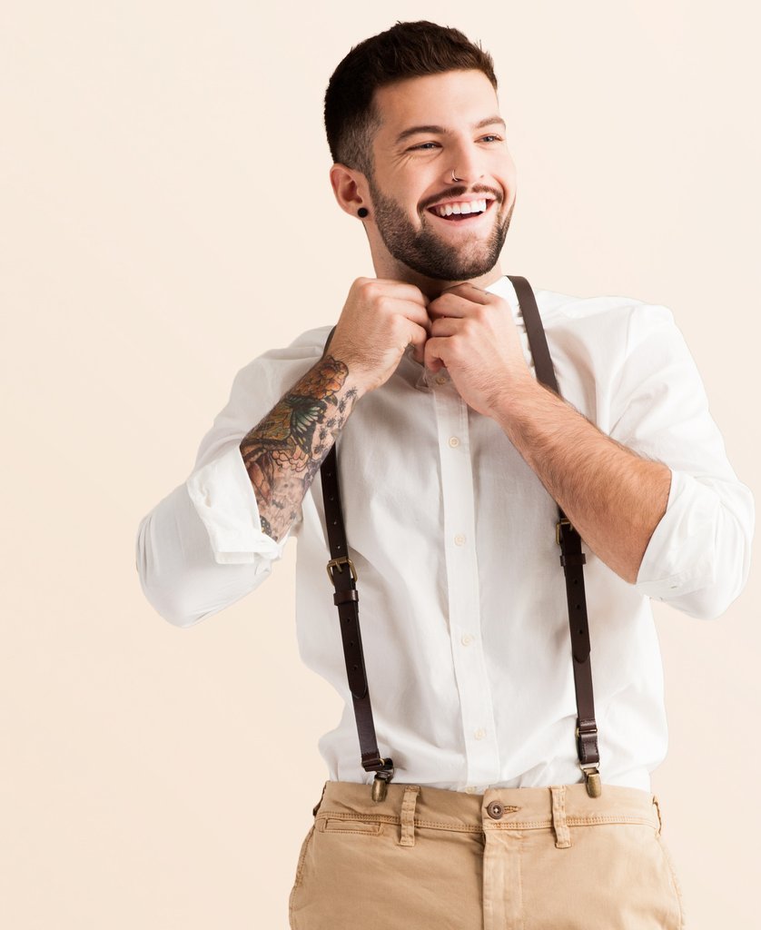 JJ Suspenders Genuine Leather Suspenders For Men with Elastic Strap & Dual Clips (Tan)