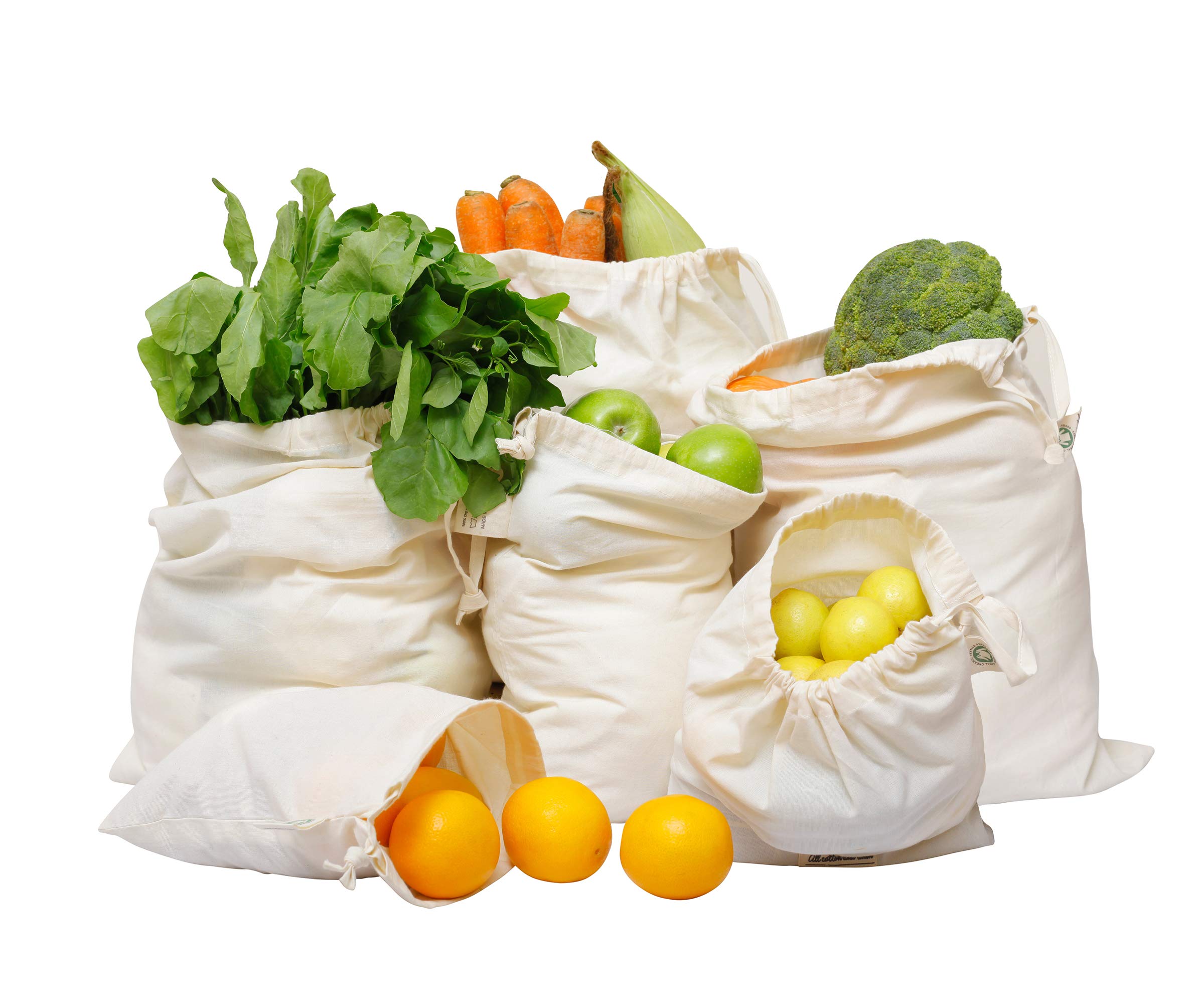 Reusable Produce Bags Washable, Muslin Bags with Drawstrings Set of 6, Veggie Bags, 100% Organic Cotton, Foldable Vegetable Shopping Bags, Muslin Bread Bags, Reusable Bulk Bags for Grains(2L, 2M, 2S)