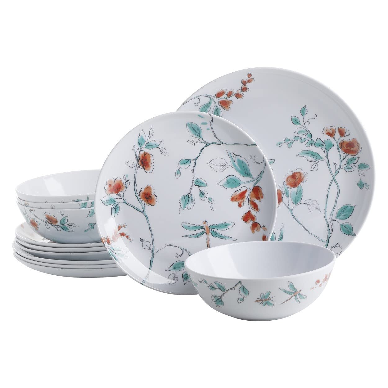 Martha Stewart Dragonfly Decorated Melamine Dinnerware Set - White, Service for 4 (12pcs)