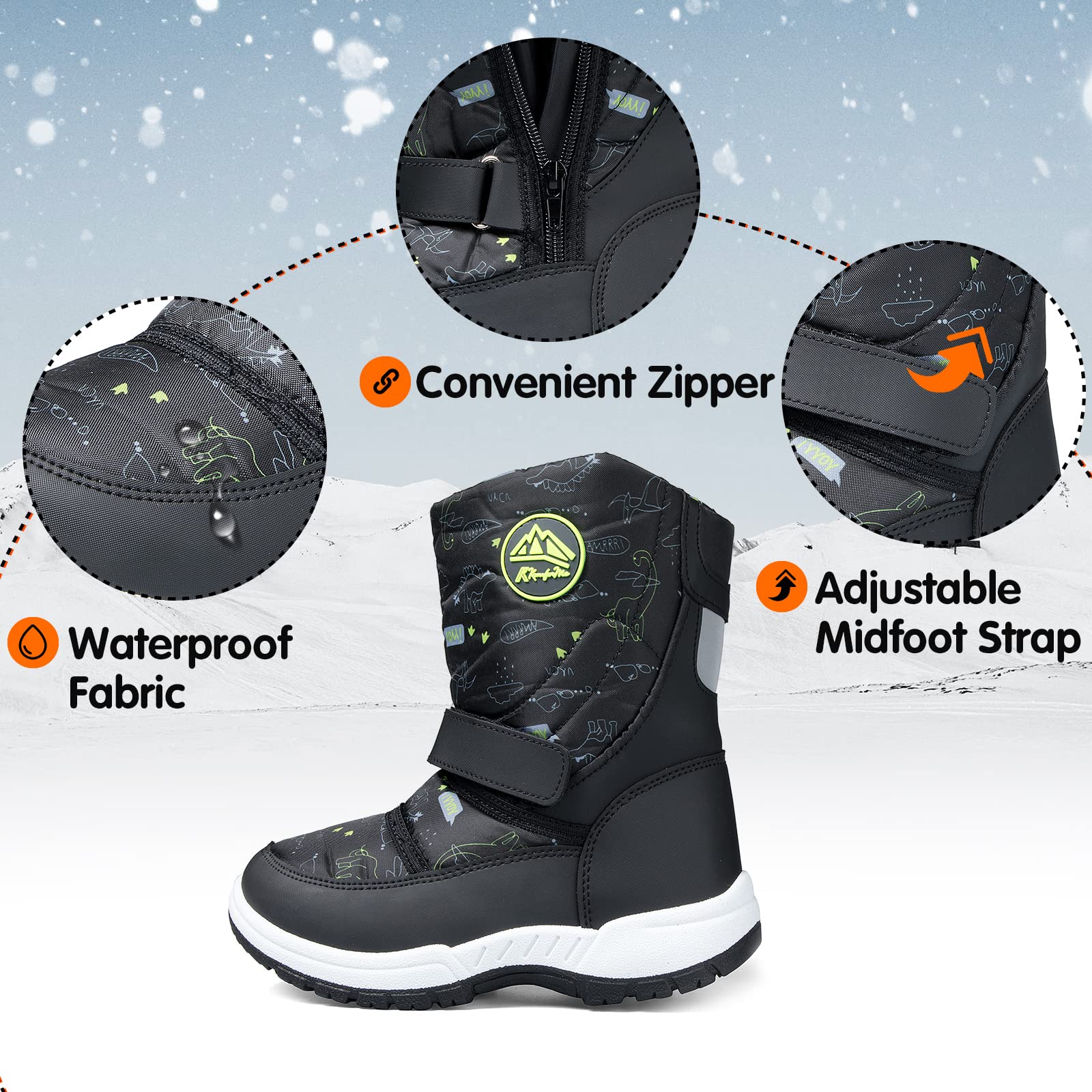 K KomForme Boys Girls Snow Boots Waterproof Winter Outdoor Boots(Toddler/Little Kid/Big Kid)