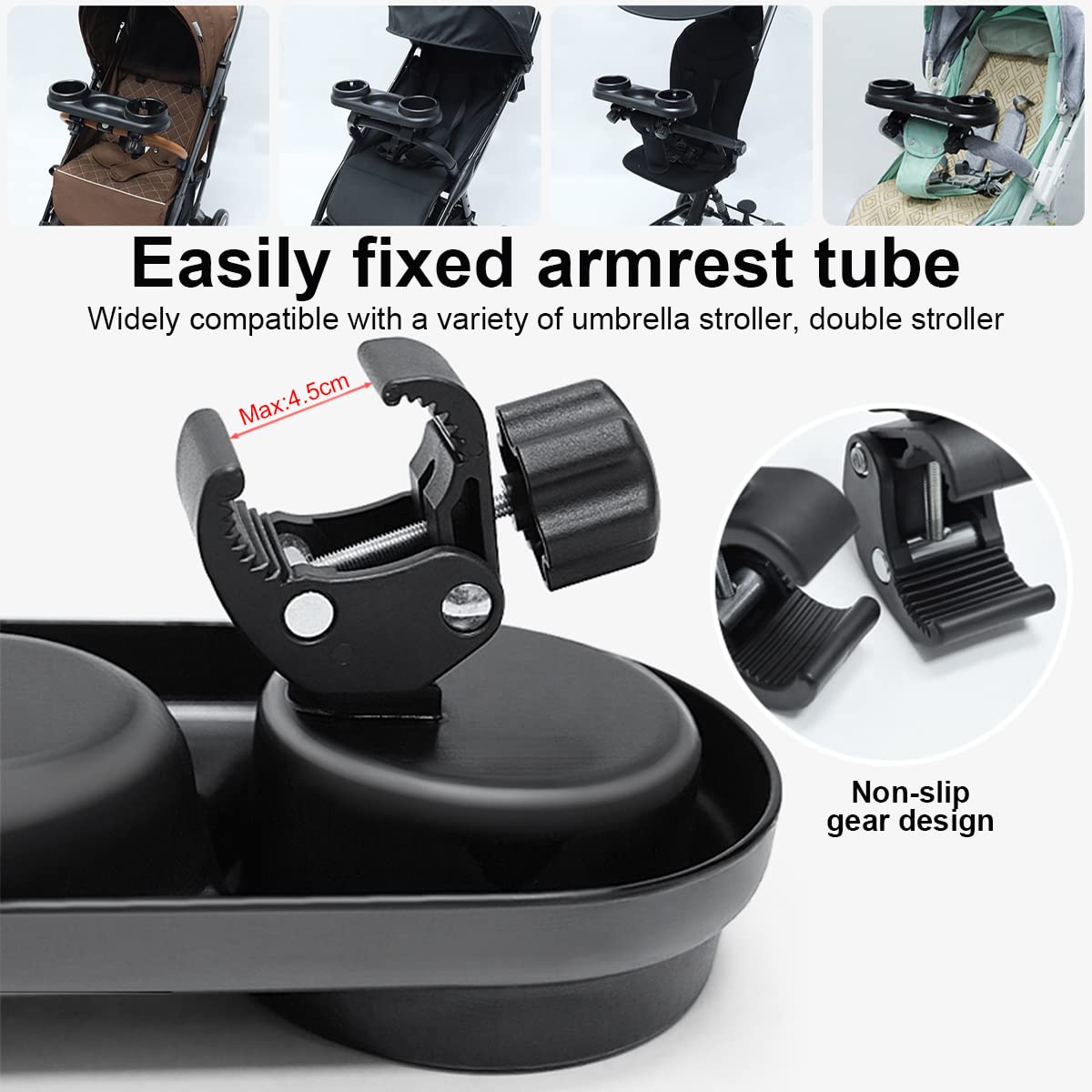 Stroller Snack Tray with Cup Holder Universal Stroller Food Tray Removable Non-Slip Grip Clip for Stroller Bar Reusable Stroller Snacks Holder for Strollers with Round Armrests