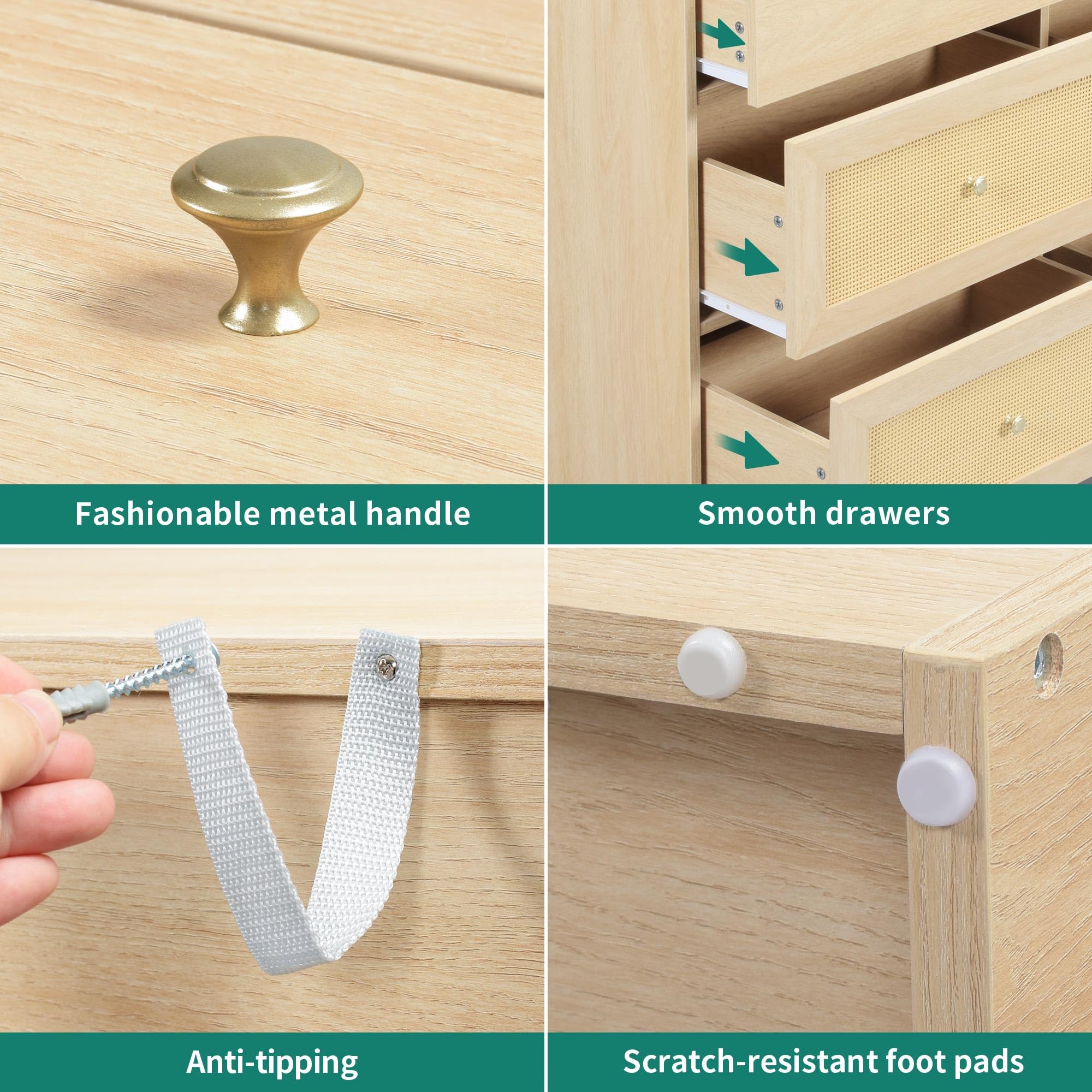 YITAHOME Rattan Dressers & Chests of Drawers,6 Drawer Modern Closet Dresser, Natural
