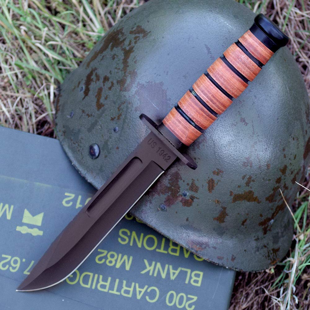 K EXCLUSIVE US Marine 1942 Combat Knife And Sheath - Stainless Steel Blade, Classic Stacked Leather Handle, Exact WWII Replica, Great for Field Carry - Length 12"