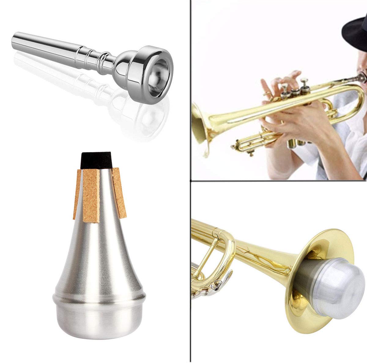 Kuylive 3 Pack Trumpet Mouthpiece (3C 5C 7C) with Lightweight Aluminum Practice Trumpet Mute Silencer Fit for Yamaha Bach Conn King Replacement Musical Instruments Accessories, Silver