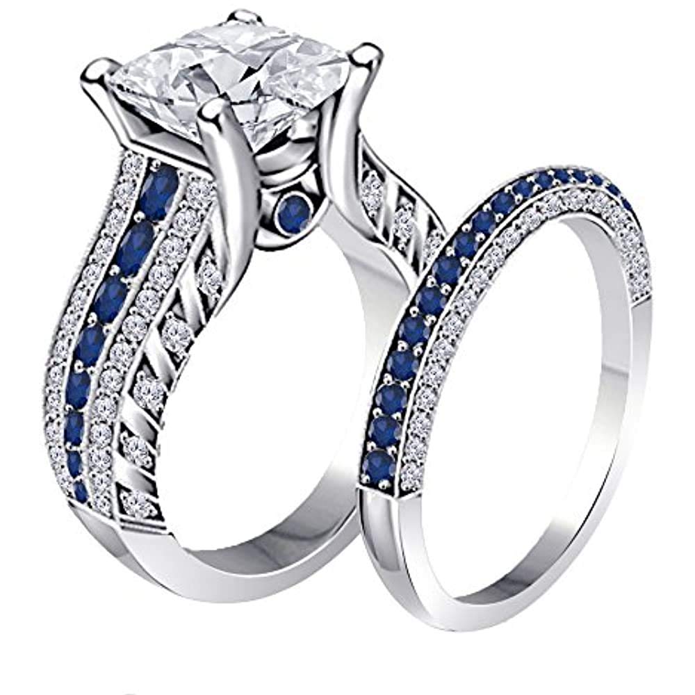 Ranjeeta Princess & Round Cut Blue Sapphire & Diamond 925 Sterling Silver 14K Gold Fn Diamond Engagement Wedding Bridal Ring Set for Women's