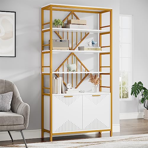 Tribesigns Modern Bookshelves and Bookcases with Doors 11.8in Depth Floor Standing 5 Shelf Display Storage Shelves Bookcase Home Decor Furniture for Home, Office, Living Room, Bedroom