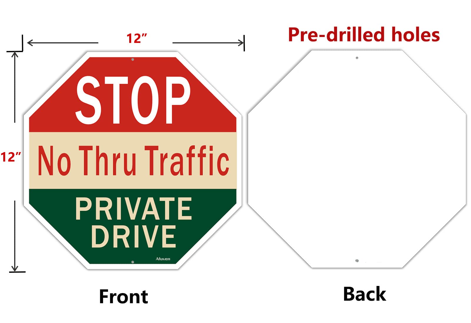 Stop No Thru Traffic Private Drive Sign 12" x 12" Private Driveway Sign Metal Reflective No Thru Traffic Sign Rust Free Aluminum Stop Sign UV Protected Waterproof Outdoor Use 2 Pack