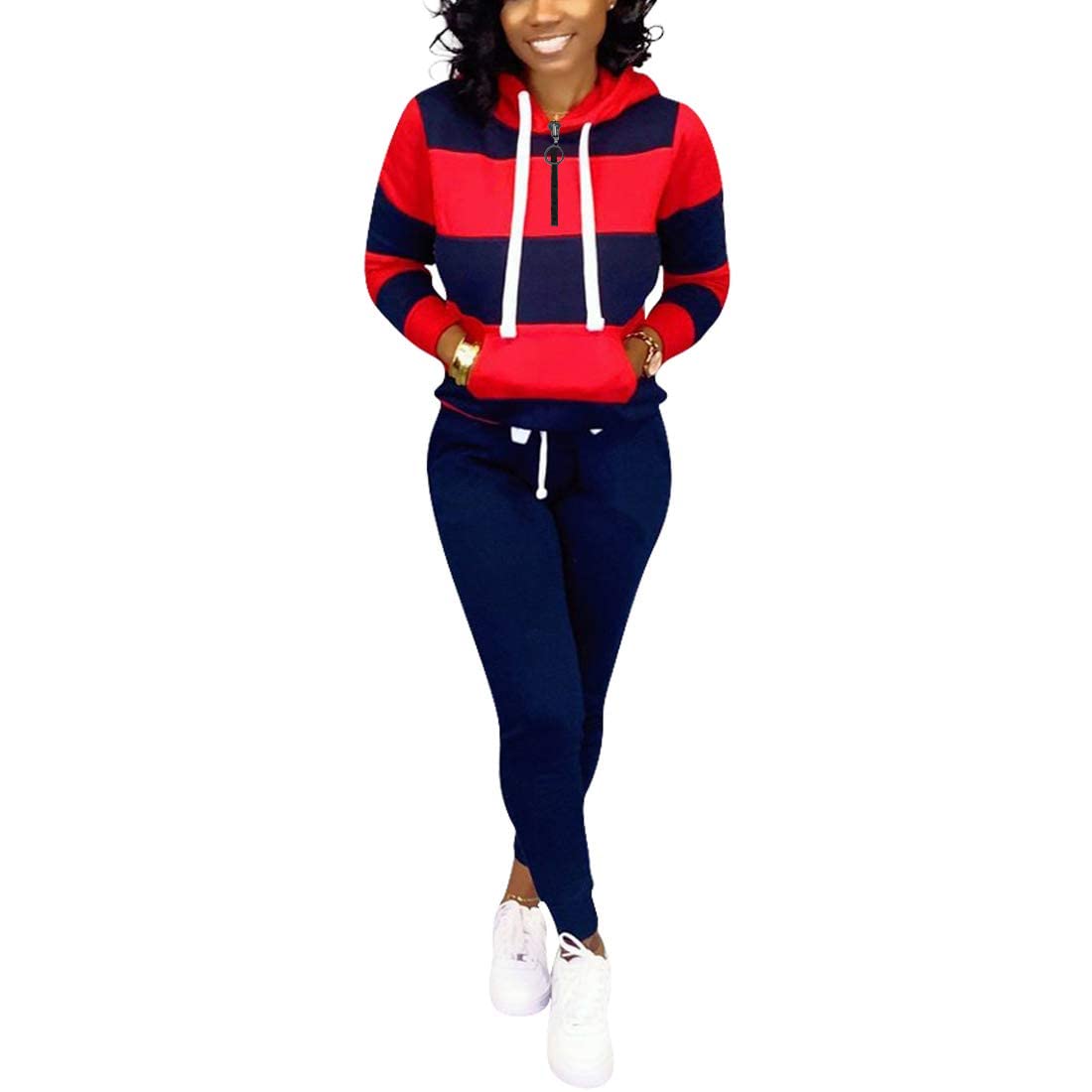Nimsruc Two Piece Outfits For Women Jogging Suits Casual Sweatsuits Jogger Tracksuits Long Sleeve Hoodie Matching Sets Red Blue S