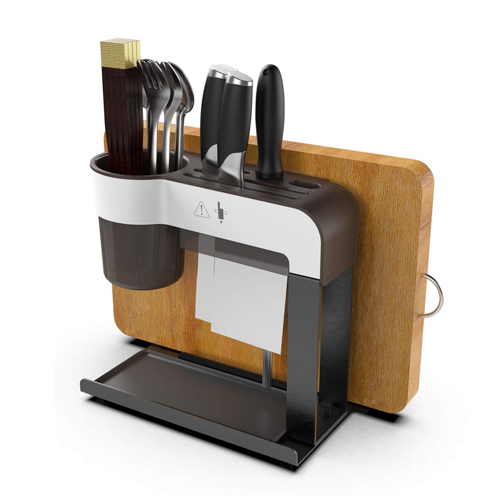Multifunctional Knife Block Knife Holder Storage Rack with Drainboard, Cutting Board Drying Rack Cooking Utensil Holder Chopsticks Caddy for Kitchen Accessories Countertop Organization, Black