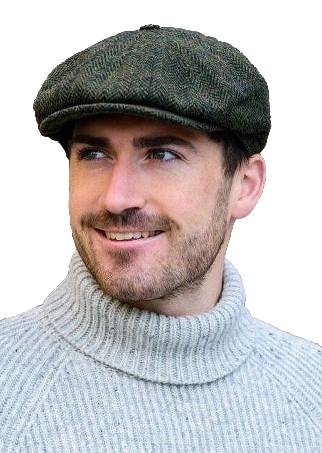Mucros Weavers Newsboy Tweed Cap Irish Hat for Men's 8 Piece Flat Driving Cap Made in Ireland (Large, Green Herringbone)