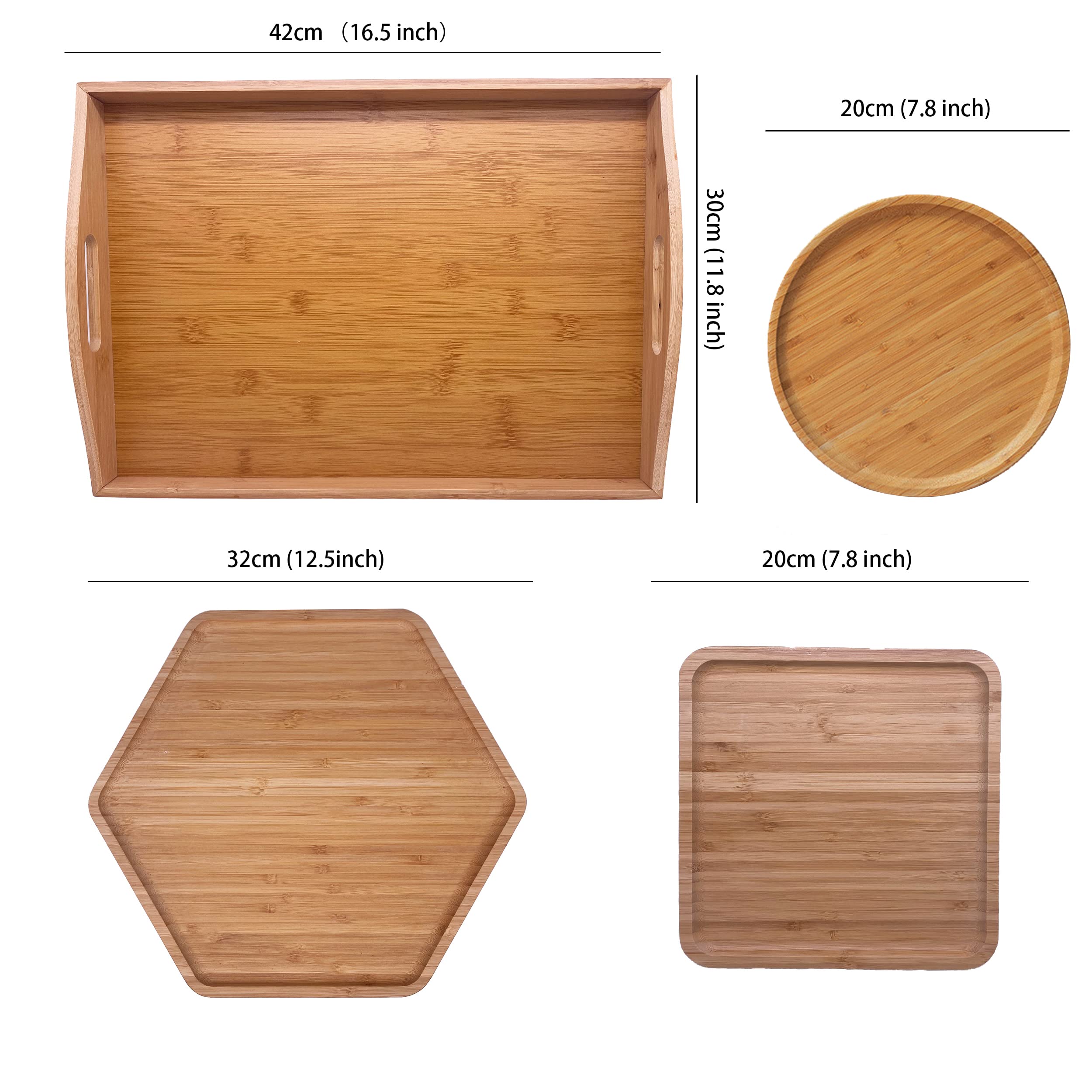 PAFREWOG Bamboo Serving Trays Cutting Boards 16.5"x11.8"(42x30cm with Handle, Set Includes 0.63"(1.6cm) Thick Plates Hexagon 12.5"(32cm)+Square 7.8"(20cm)+Circle 7.8"(20cm) for Family Dinner Time