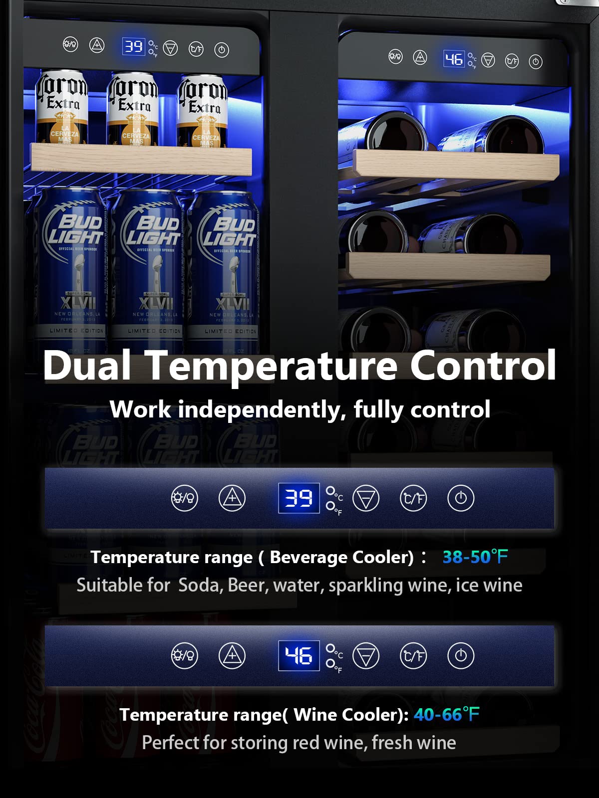 MUDEELA Wine and Beverage Refrigerator,24 Inch Dual Zone Wine Cooler With Memory Temperature Control Built-In or Freestanding 2 Safety Locks Soft LED Light Quiet Operation Hold 18 Bottles and 57 Cans