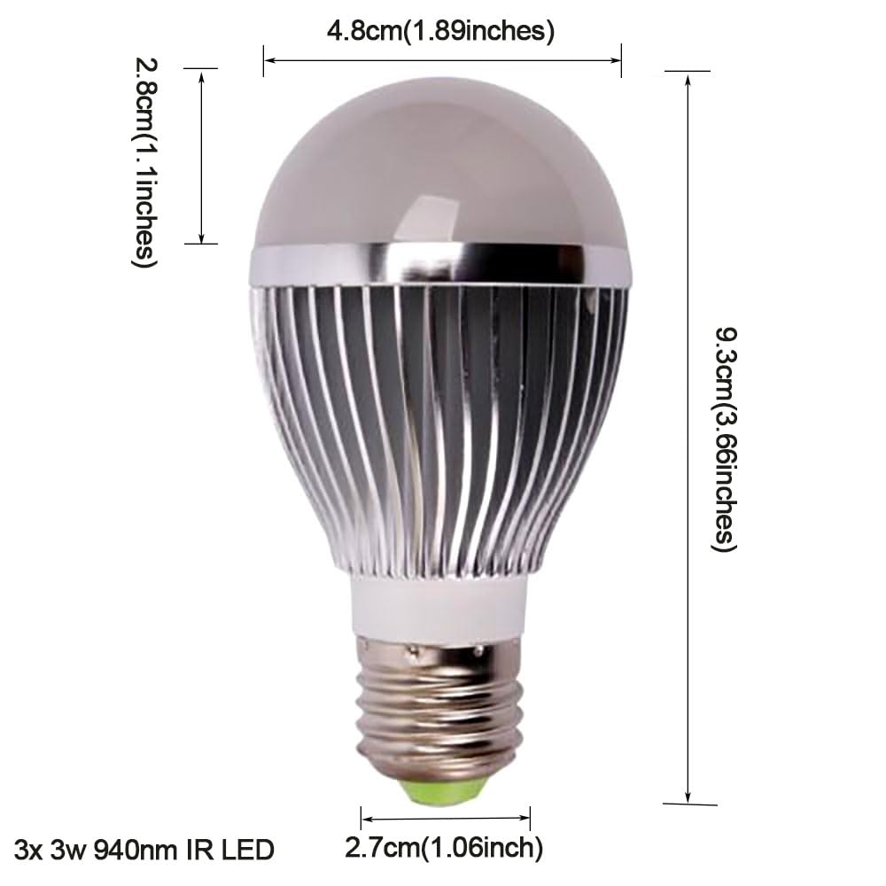 Klgeivb 940nM IR Illuminator, DIY Total Invisible E26 Light Bulb Lamp (3 High Power 3Watt LED), to Enhance Night Vision of IR Capable Cameras, for CCTV Clear Surveillance Images at Night