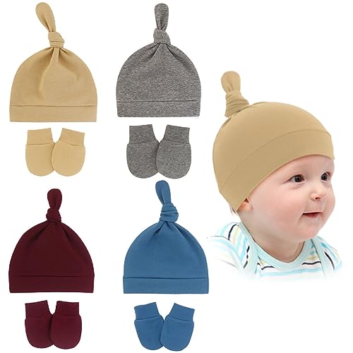 ikasus Newborn Beanie Hat Mittens and Socks Set, Baby Cotton Beanie Soft Warm Elastic Infants Hats Gloves for Newborn Infant Type 8