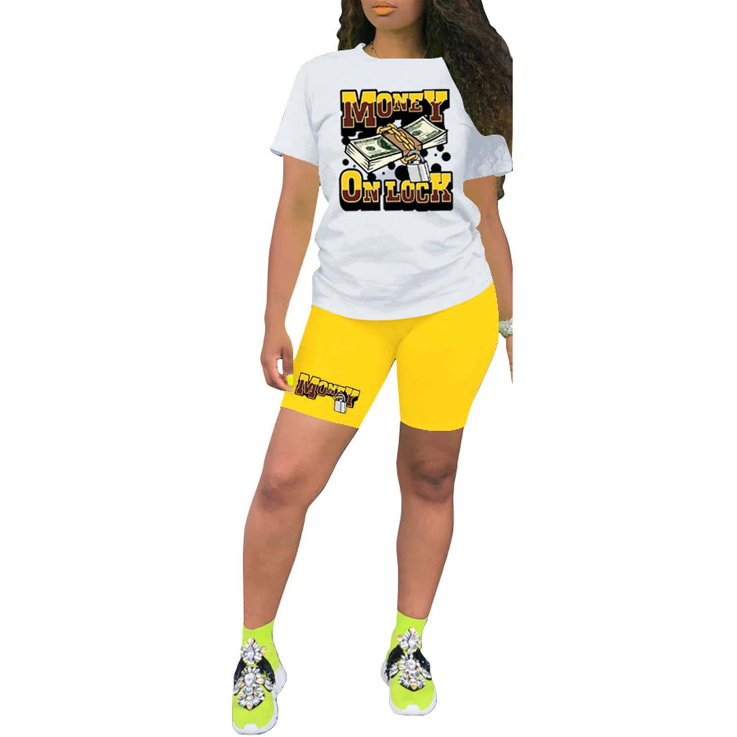 Nimsruc Two Piece Outfits For Women Summer Short Sleeve Track Suits Jogger Sets For Women 2 Piece Sweatsuits Yellow L