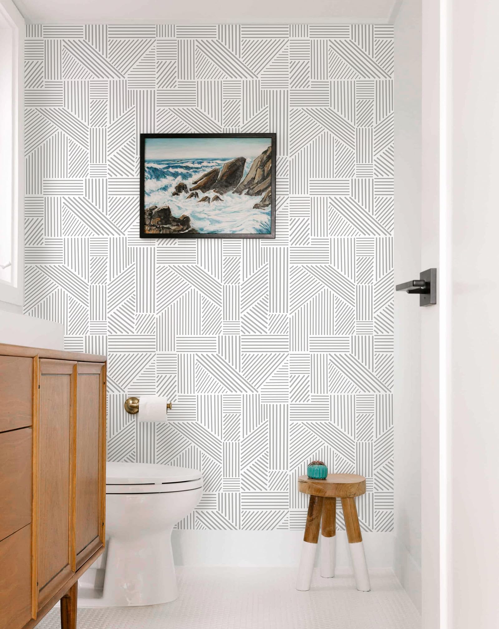 Tomete Gray and White Wallpaper Geometric Wallpaper Peel and Stick Wallpaper Boho Modern Geometric Contact Paper for Cabinets Removable Line Bathroom Wallpaper Waterproof Self-Adhesive17.3βΓ393β