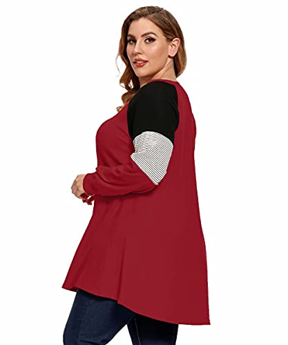LARACE Plus Size Tops Women Pullover Sweatshirt Color Block Tee Long Sleeve Tunic Striped Raglan Shirt(Wine Red 4X)