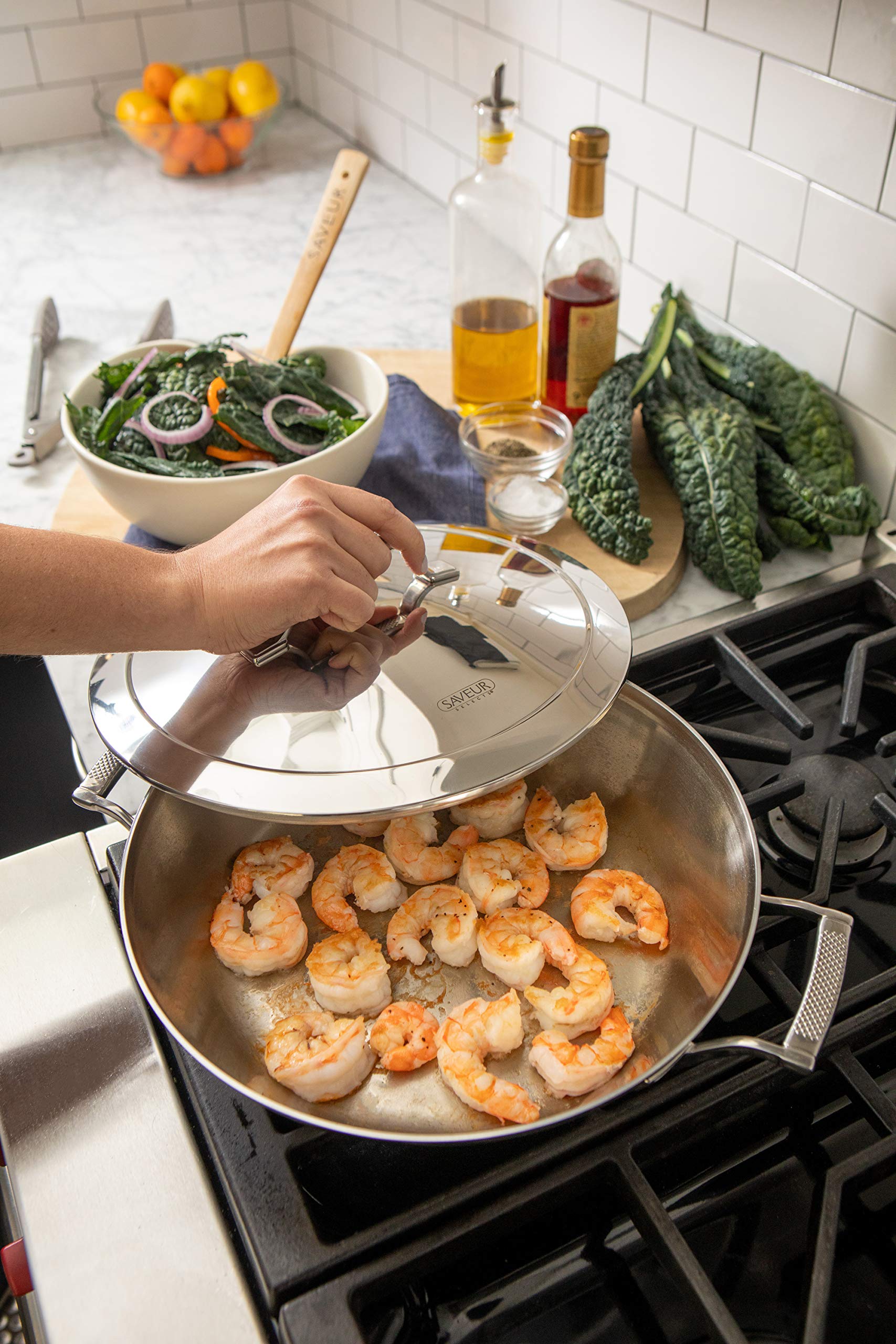 SAVEUR SELECTS Tri-ply Stainless Steel 12-Inch Everyday Pan with Lid, Induction-ready, Dishwasher Safe, Voyage Series