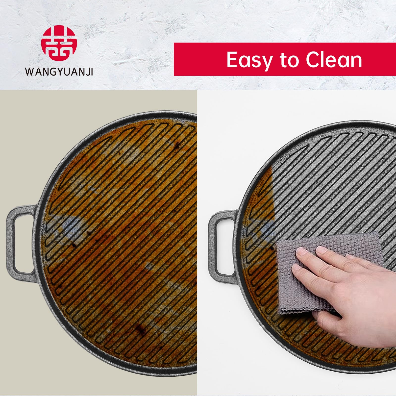 WANGYUANJI Cast Iron Grill Pan,11.8inch Round Cast Iron Skillets with Dual Handles for Barbecue,Suitable for All Stoves with Spatula and Brush