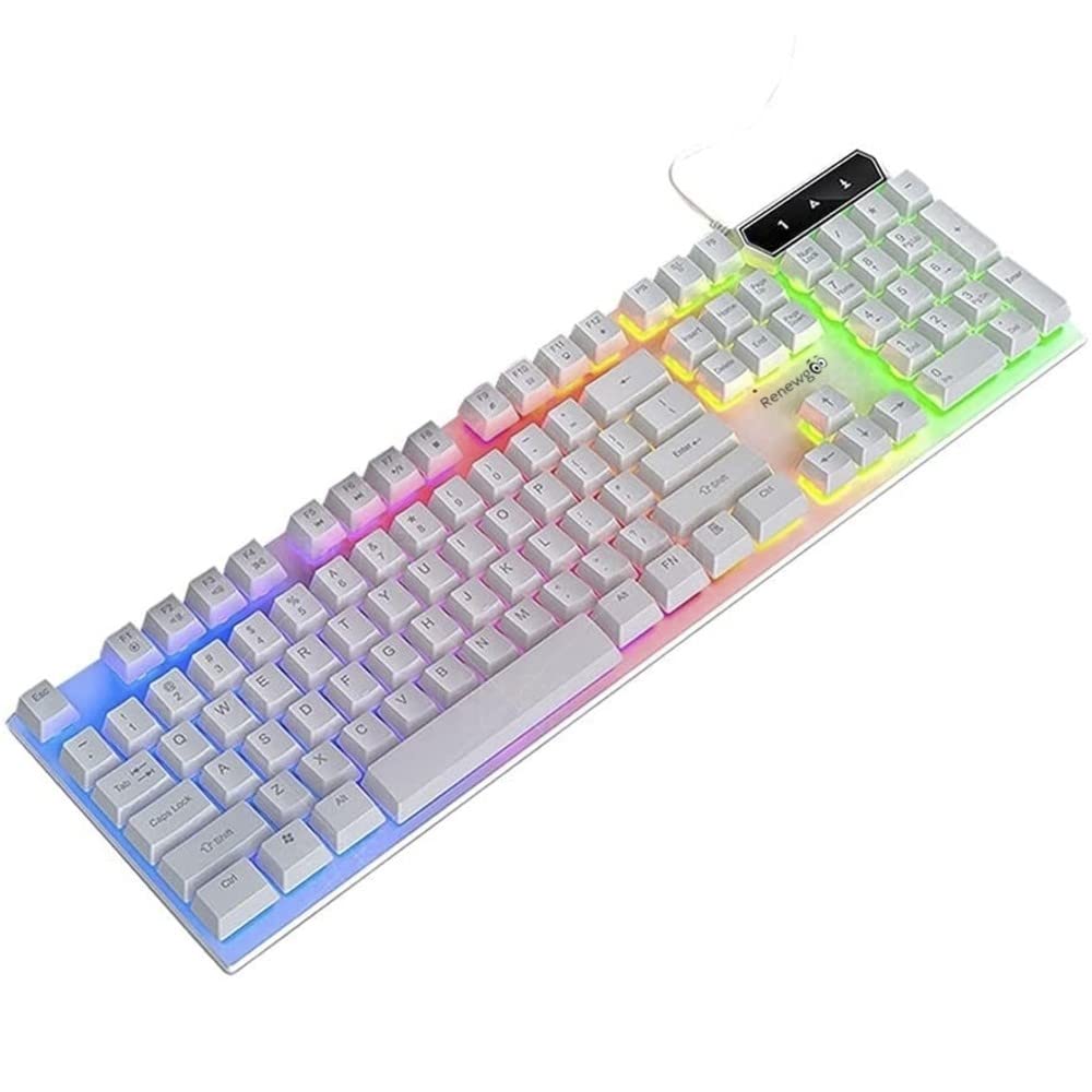 Renewgoo GooGamer Gaming Computer Keyboard with LED Rainbow Gradient Backlight, Waterproof Ergonomic Design for Esports PC, Mac, Desktops, & Laptops, White