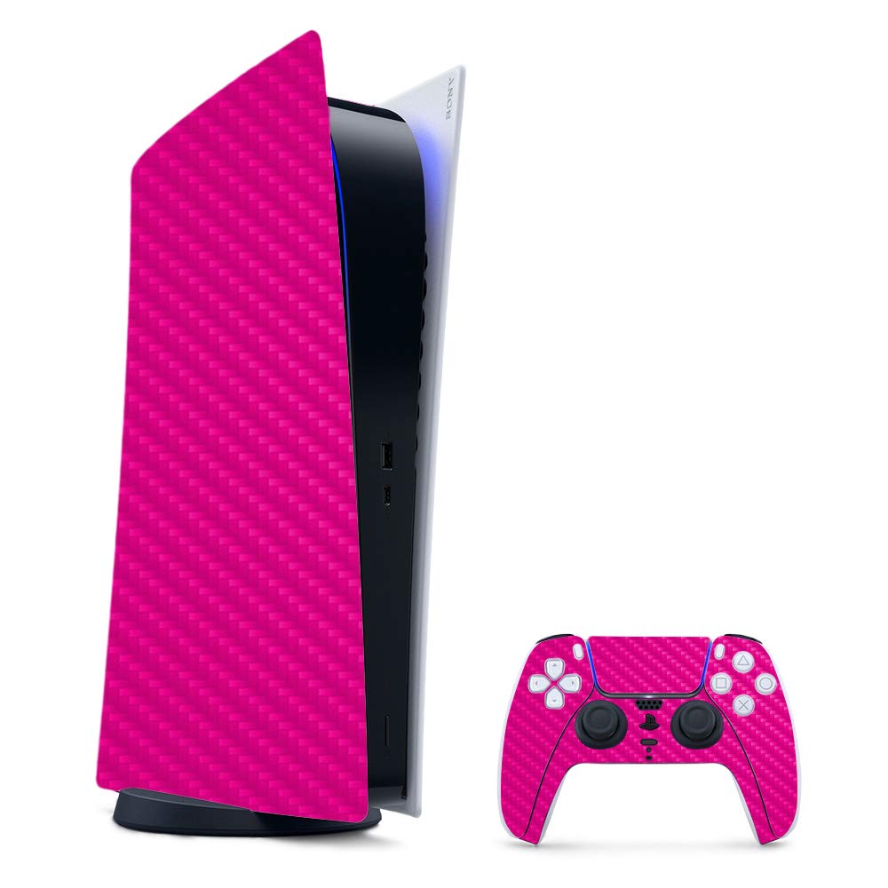 MightySkins Carbon Fiber Gaming Skin for PS5 / Playstation 5 Digital Edition Bundle - Solid Hot Pink | Durable Textured Carbon Fiber Finish | Easy to Apply | Made in The USA