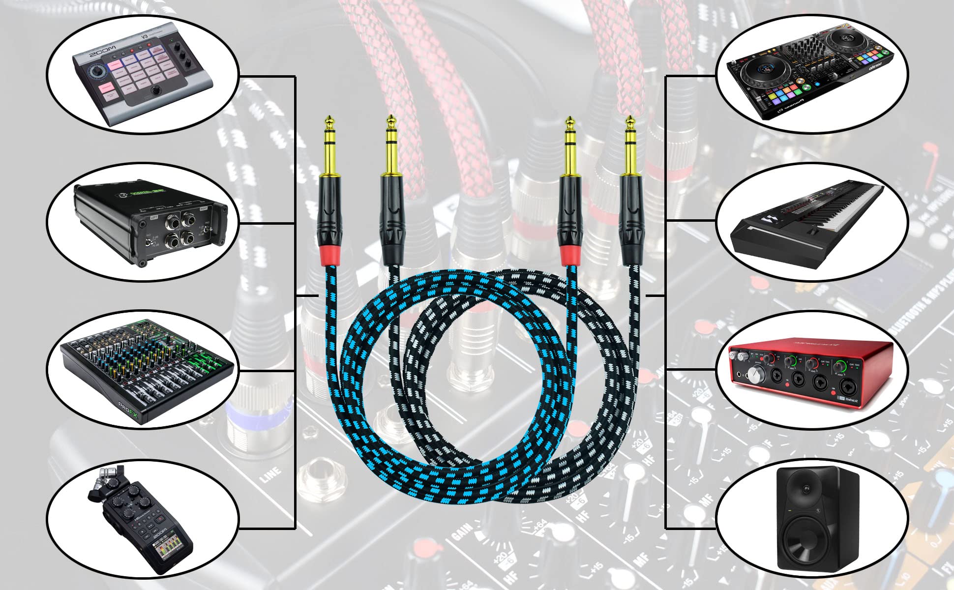 Mugteeve Balanced 1/4 Inch TRS to TRS Male Instrument Patch Cable, 6.6 Feet Stereo Quarter Inch 6.35mm to 6.35mm Audio Cord, Nylon Braided Heavy Duty, for Interface, Mixer, Speaker - 2 Pack