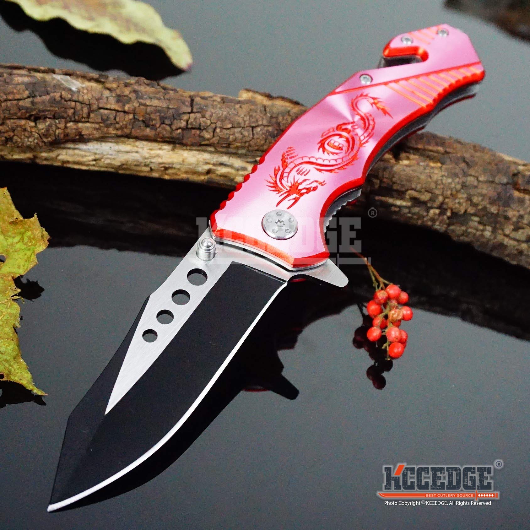KCCEDGE BEST CUTLERY SOURCE EDC Pocket Knife Camping Accessories Razor Sharp Edge Drop Point Blade Folding Knife Camping Gear Survival Kit 58595 (Pink)