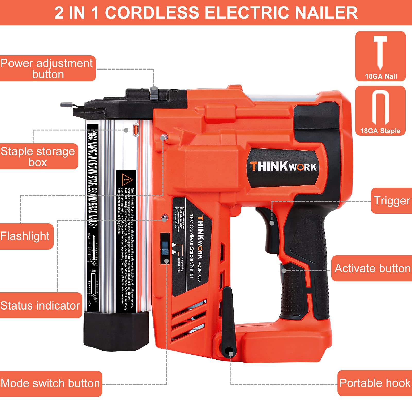THINKWORK 20V 18 Gauge Cordless Brad Nailer, Durable Nail Gun Battery Powered - (2 in 1 Dual Mode) with Powerful Battery&Fast Charger, 1000 Nails, Single or Contact Firing for Woodworking, Renovation