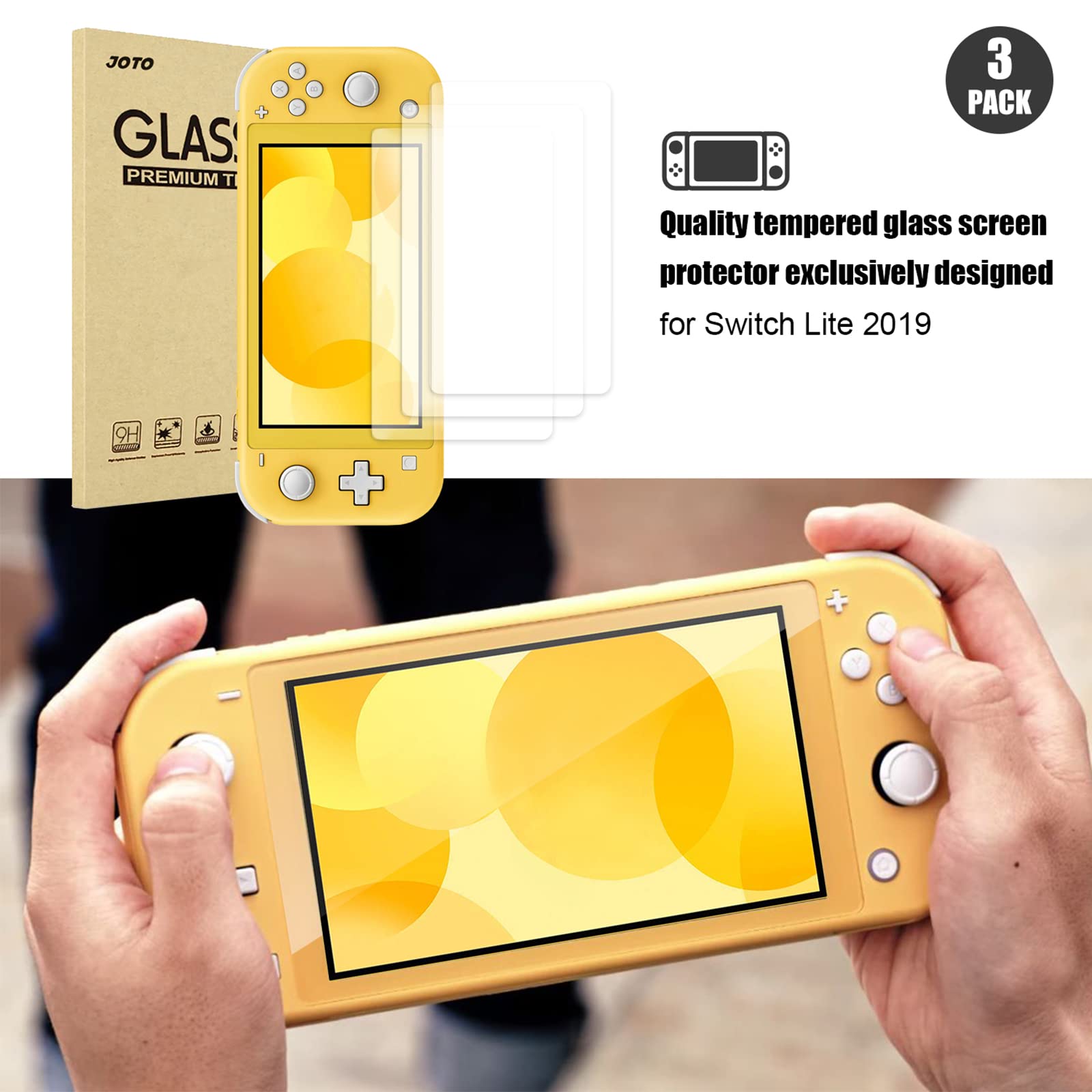 JOTO [3 Pack] Screen Protector for Nintendo Switch Lite, Tempered Glass Screen Film Guard Rounded Edge Real Glass Screen Protector for Switch Lite 2019
