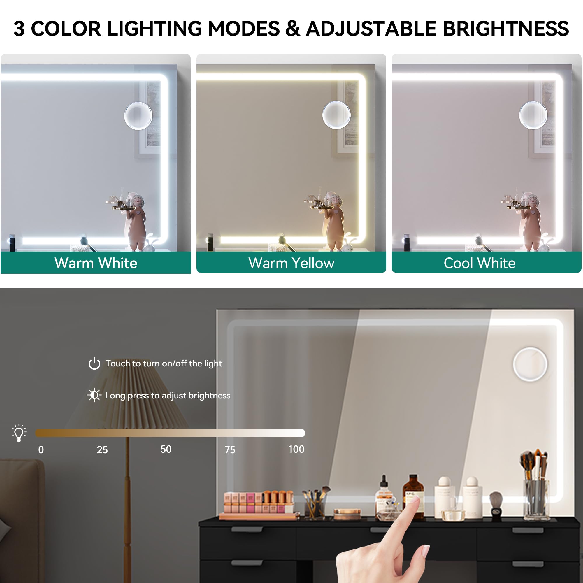 YITAHOME Vanity Desk with Large LED Mirror, Charging Station, 11 Drawers, Makeup Vanity with Tempered Glass Top, Storage Bench, 3-Color Adjustable Lighting