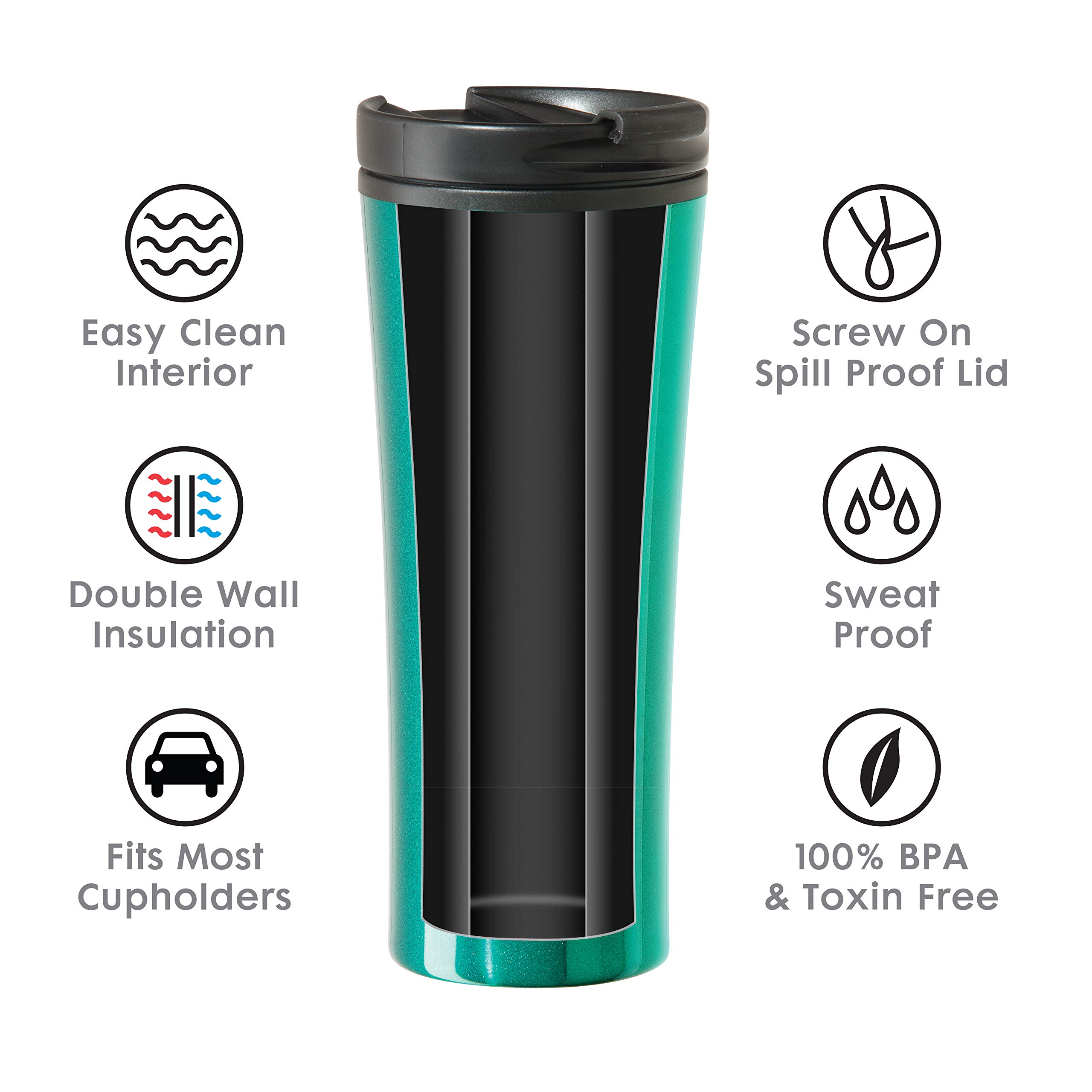 Oggi CONTOUR Stainless Steel Travel Tumbler - Black, 16 oz, with flip open lid for hot and cold beverages.