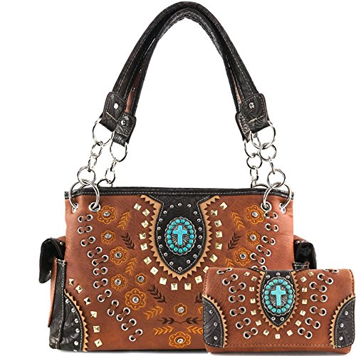 Justin West Floral Tooled Embroidered Western Turquoise Stone Cross Conceal Carry Handbag Purse (Brown Handbag Wallet Set)