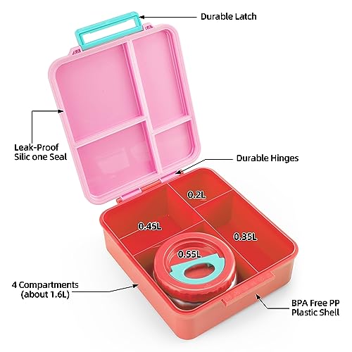Kids' Bento Lunch Set Featuring a 8oz Soup Thermo, Leak-proof Containers with 4 Compartments, Thermo Food Jar, Ideal for School Lunches(Red)