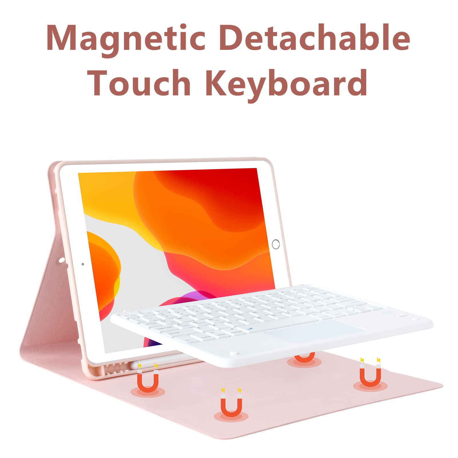 Touchpad Keyboard Case for iPad 10.2 2021 9th Generation/2020 8th Gen/2019 7th Gen, Detachable Wireless Keyboard Cover with Pencil Holder for New iPad 9th Gen/8th Gen/7th Gen, Air 3, Pro 10.5, Pink