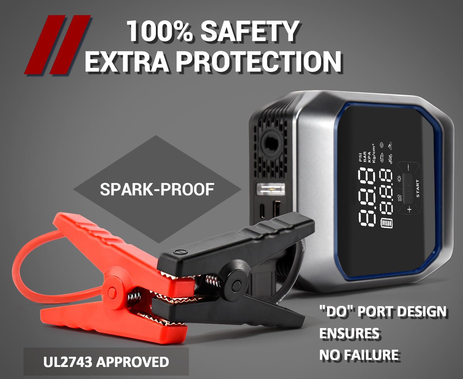 Jump Starter with Air Compressor, 2500A Portable Car Battery Pack(8.5 Gas/8.0L Diesel) 160PSI 20000mAh Car Tire Inflator, UltraSafe Jumper Starter Battery Box with Touch Screen, LED Light, Power Bank
