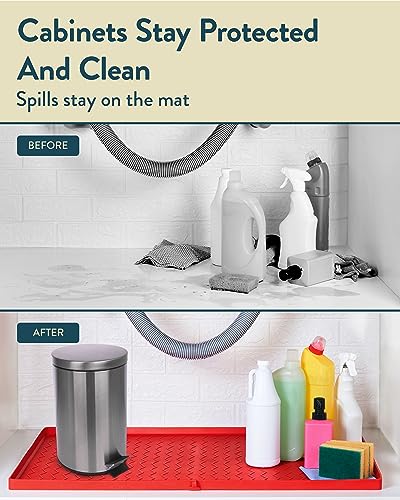 Under Sink Drip Tray - Silicone Liner Mat for Under Kitchen or Bathroom Sink - Waterproof Organizer Protects Floors from Leaks - 34" x 22" Red