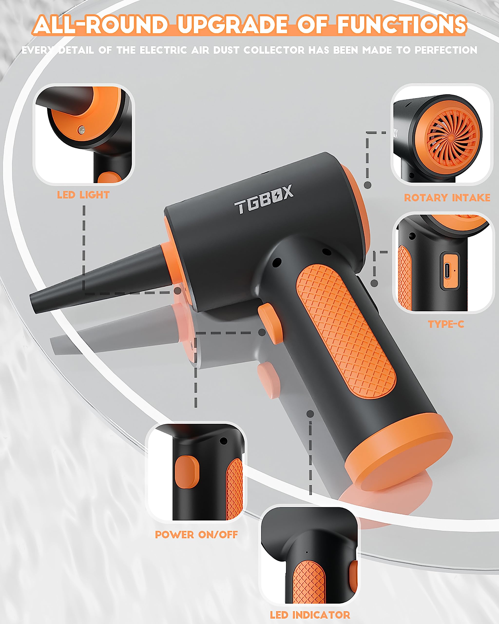 TGBOX Electronic Compressed Air Duster 100000RPM, 3 Speeds Powerful Cordless Air Duster,Portable Air Blower for Cleaning Computer Keyboard PC, Orange
