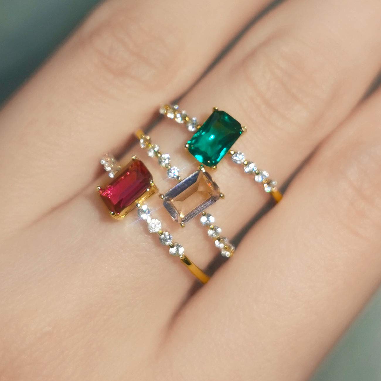 Michooyel S925 Dainty Emerald Baguette Rings CZ Band Rings 18K Gold Plated Sterling Silver Fine Jewelry for Women