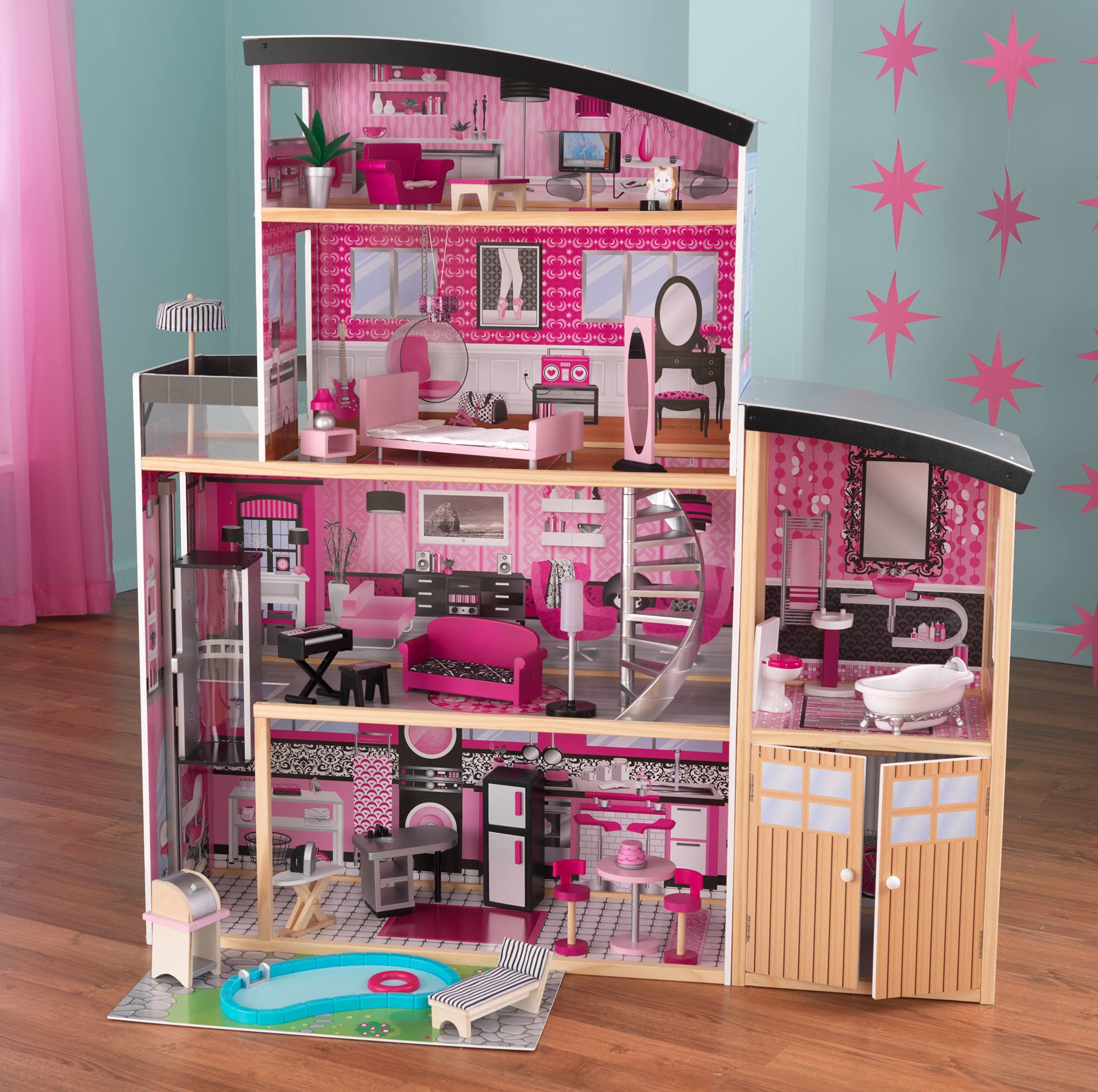 KidKraft Sparkle Mansion Wooden Dollhouse with Lights & Sounds, Swimming Pool, Balcony, Elevator and 30 Accessories, Pink, Gift for Ages 3+, Amazon Exclusive