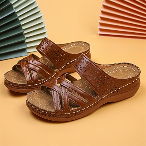 sckarle Women Slides Soft Faux Leather Wedge Sandal Crisscross Strap Hollow Breathable Arch Support Comfortable Platform Sandal