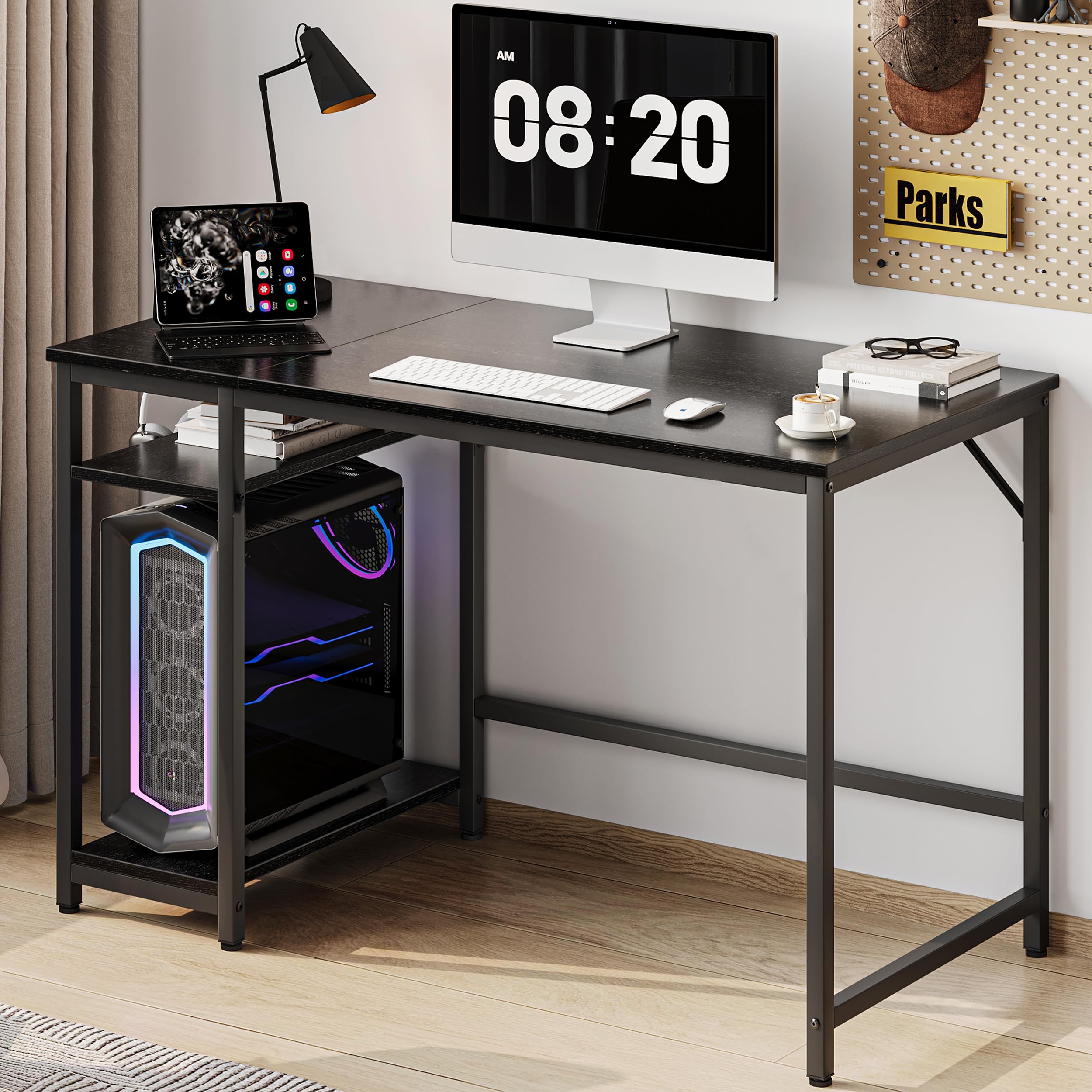 JOISCOPE Home Office Computer Desk,Small Study Writing Desk with Wooden Storage Shelf,2-Tier Industrial Morden Laptop Table with Splice Board,40 inches(Black Oak Finish)